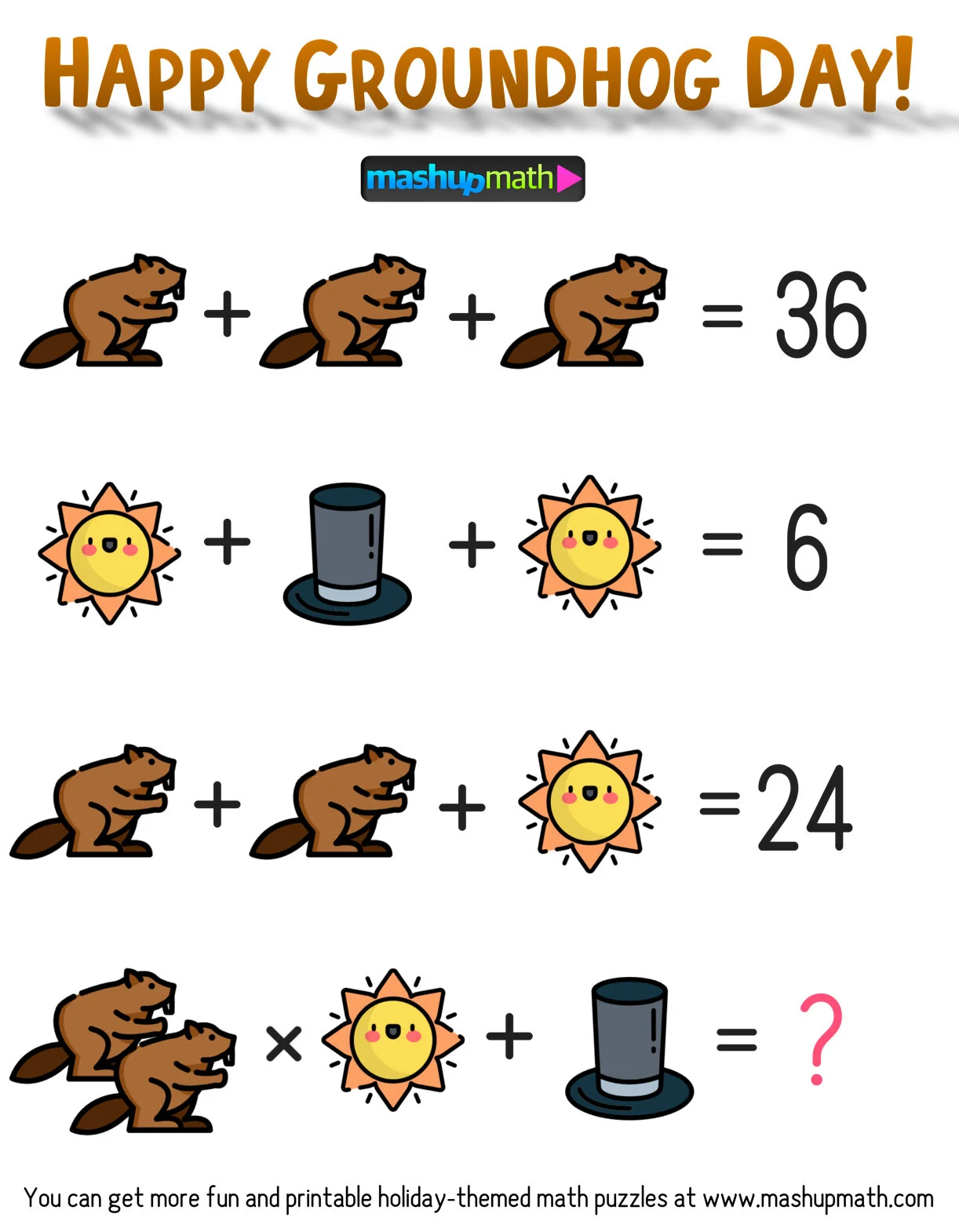 Free Groundhog Day Math Puzzle for Grades 3-8 — Mashup Math