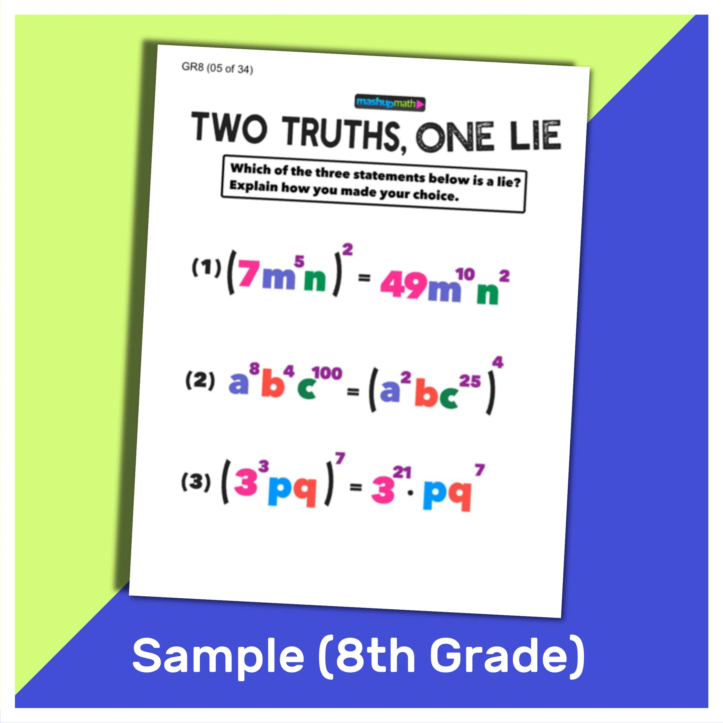 101 Two Truths and One Lie! Math Activities for Grades 6, 7, and 8 ...