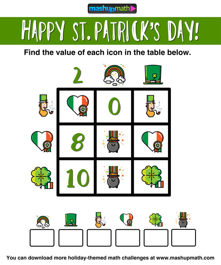 Free St. Patrick's Day Math Activities for Grades K-8 — Mashup Math