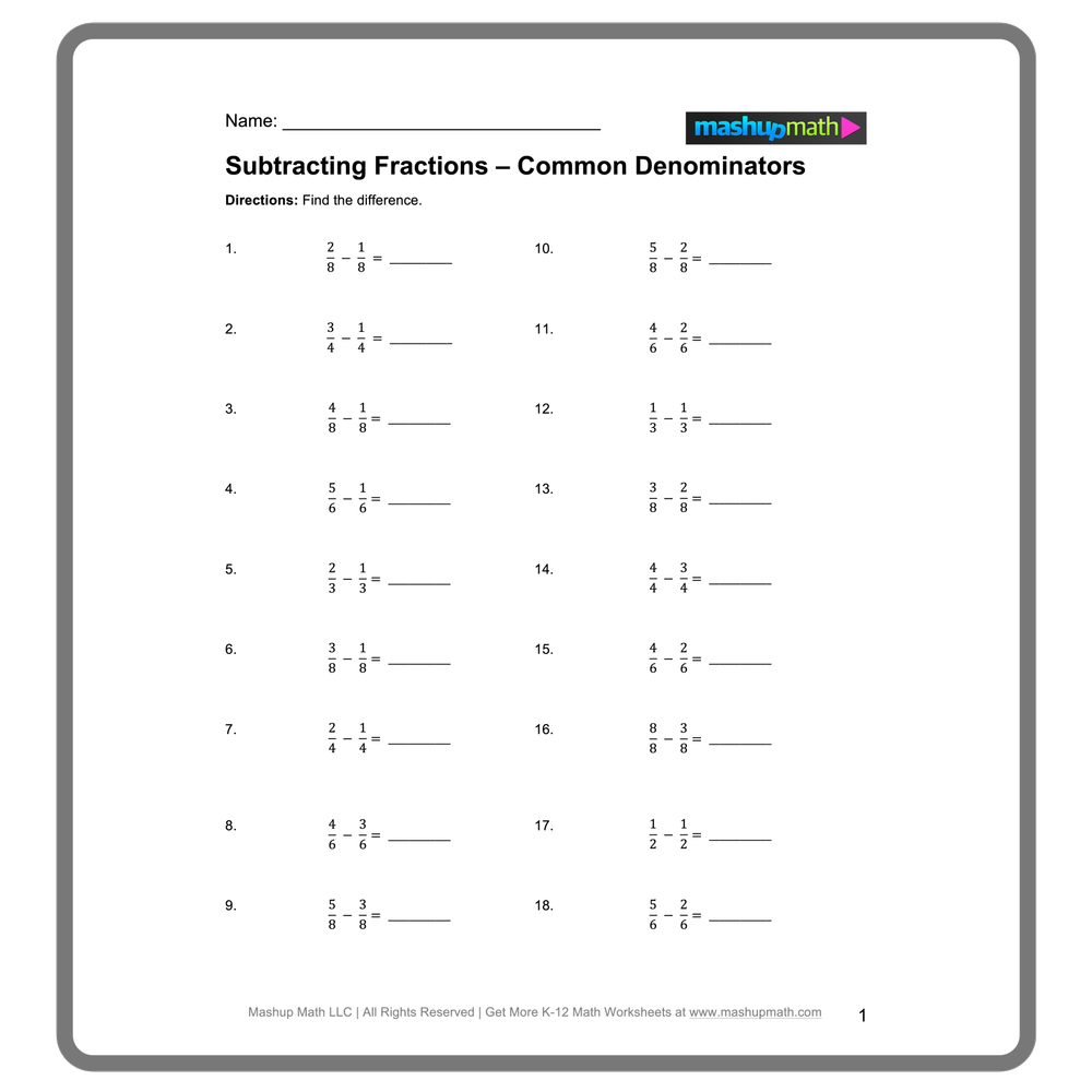 Free Adding and Subtracting Fractions Worksheets — Mashup Math