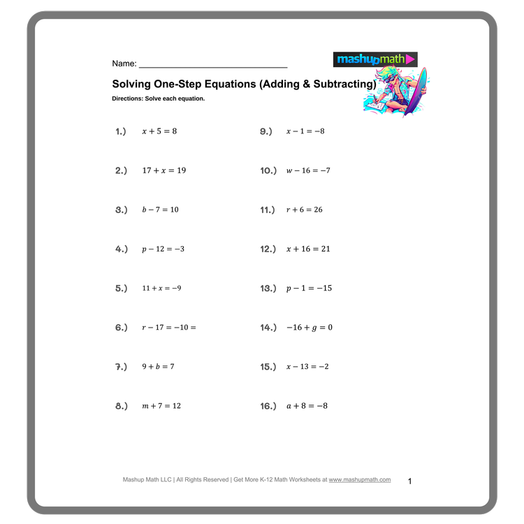 Free One Step Equations Worksheets — Mashup Math