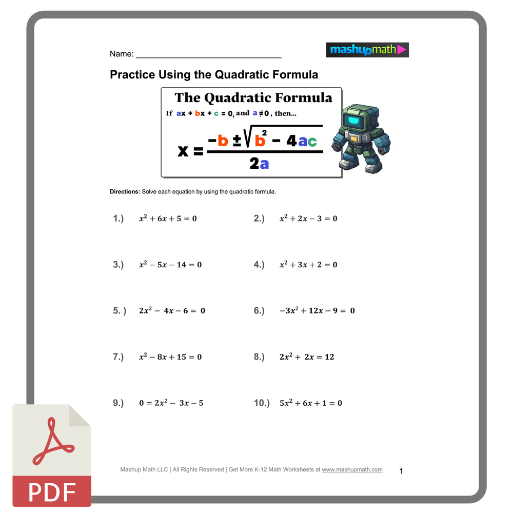 Free Quadratic Formula Worksheets—Printable with Answers — Mashup Math