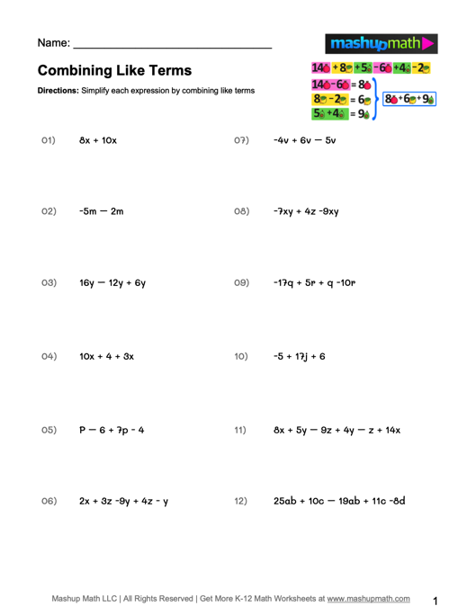 Combining Like Terms Explained Examples Worksheet Included Mashup Math Combining Like Terms Explained Examples Worksheet Included Mashup Math