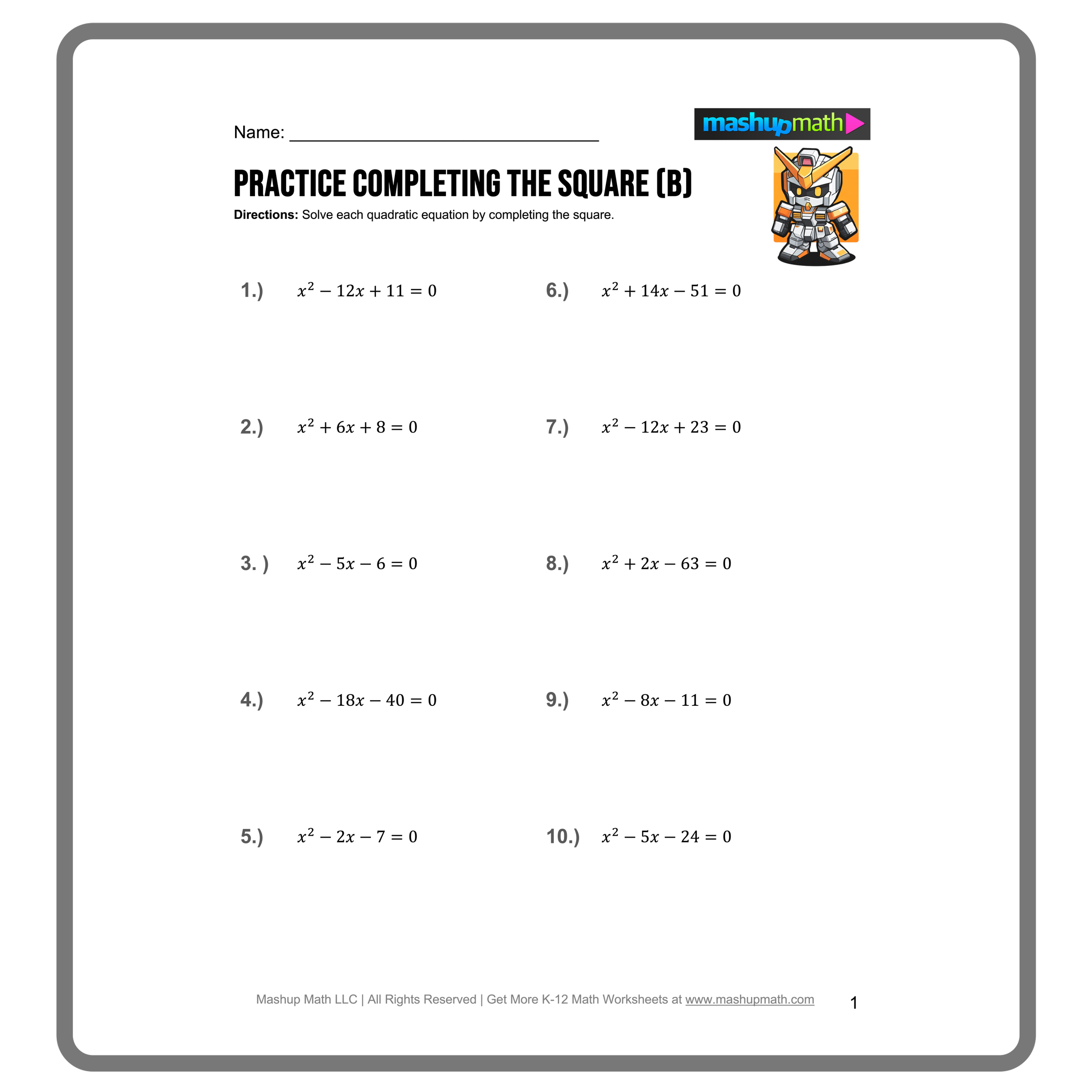 Completing the Square Worksheets—Printable with Answers — Mashup Math