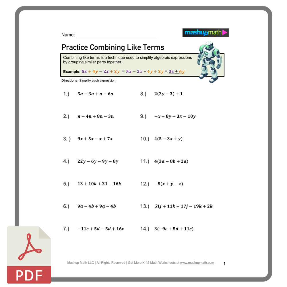 Combining Like Terms Worksheets—Printable with Answers — Mashup Math