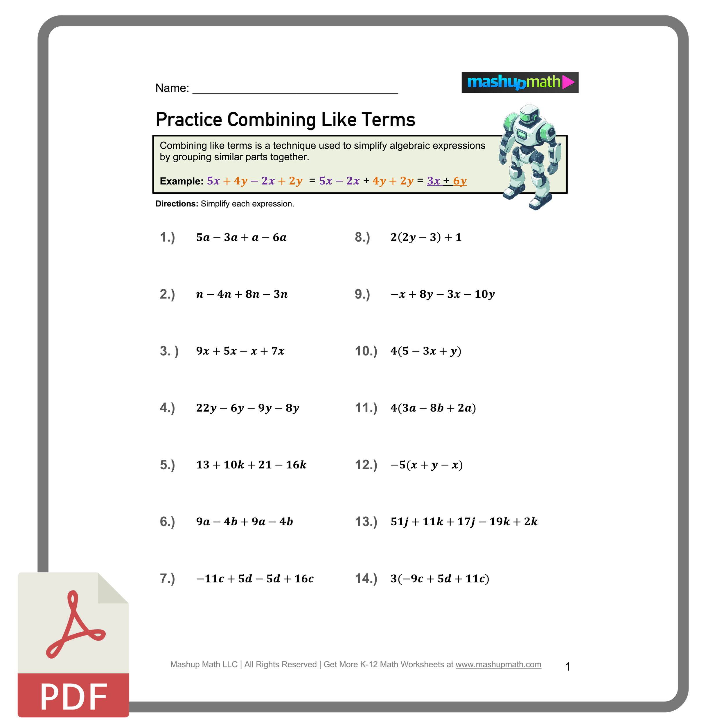 Combining Like Terms Worksheets—Printable with Answers — Mashup Math