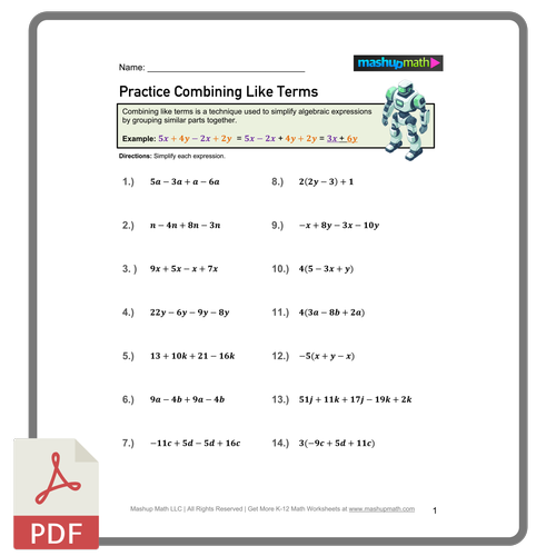 Combining Like Terms Worksheets—Printable with Answers — Mashup Math
