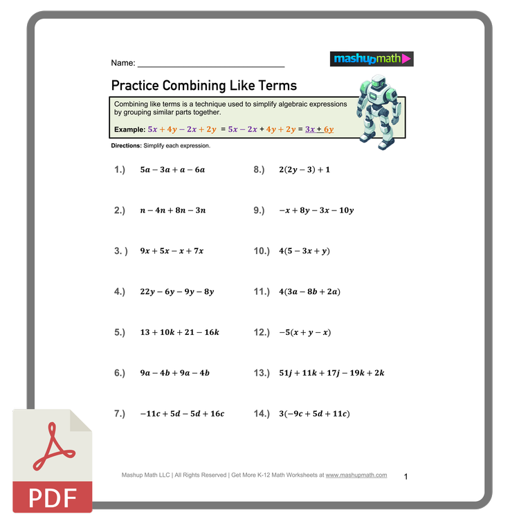 Combining Like Terms Worksheets—Printable with Answers — Mashup Math