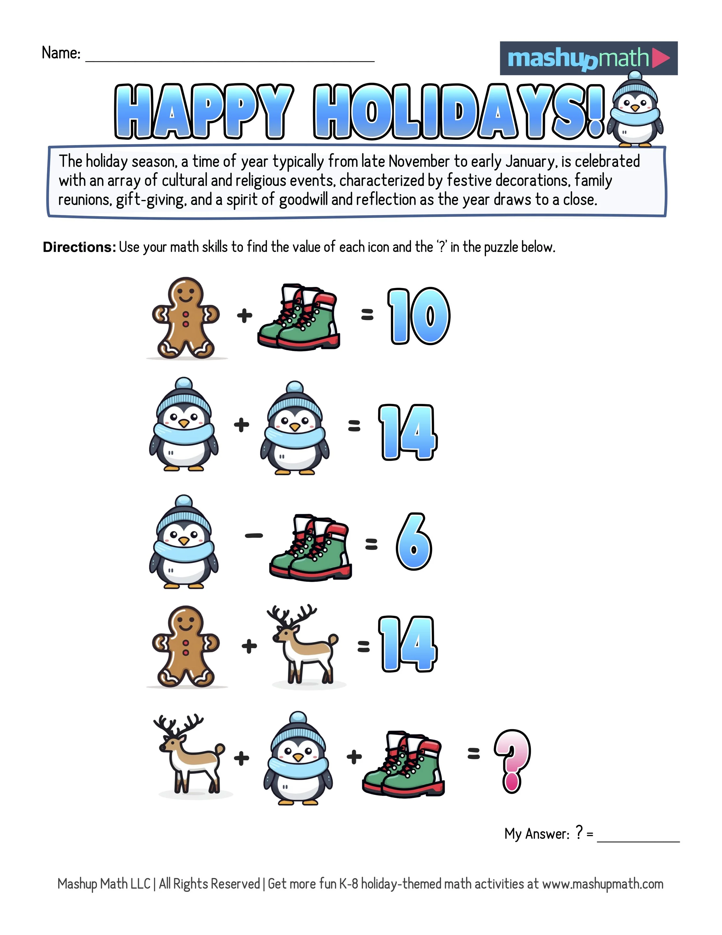 12 Days of Holiday Math Puzzles—Printable K-8 Worksheets — Mashup Math
