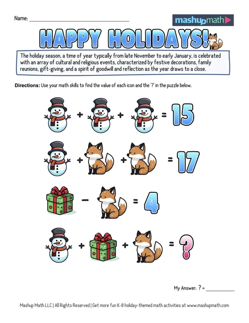 12 Days of Holiday Math Puzzles—Printable K-8 Worksheets — Mashup Math