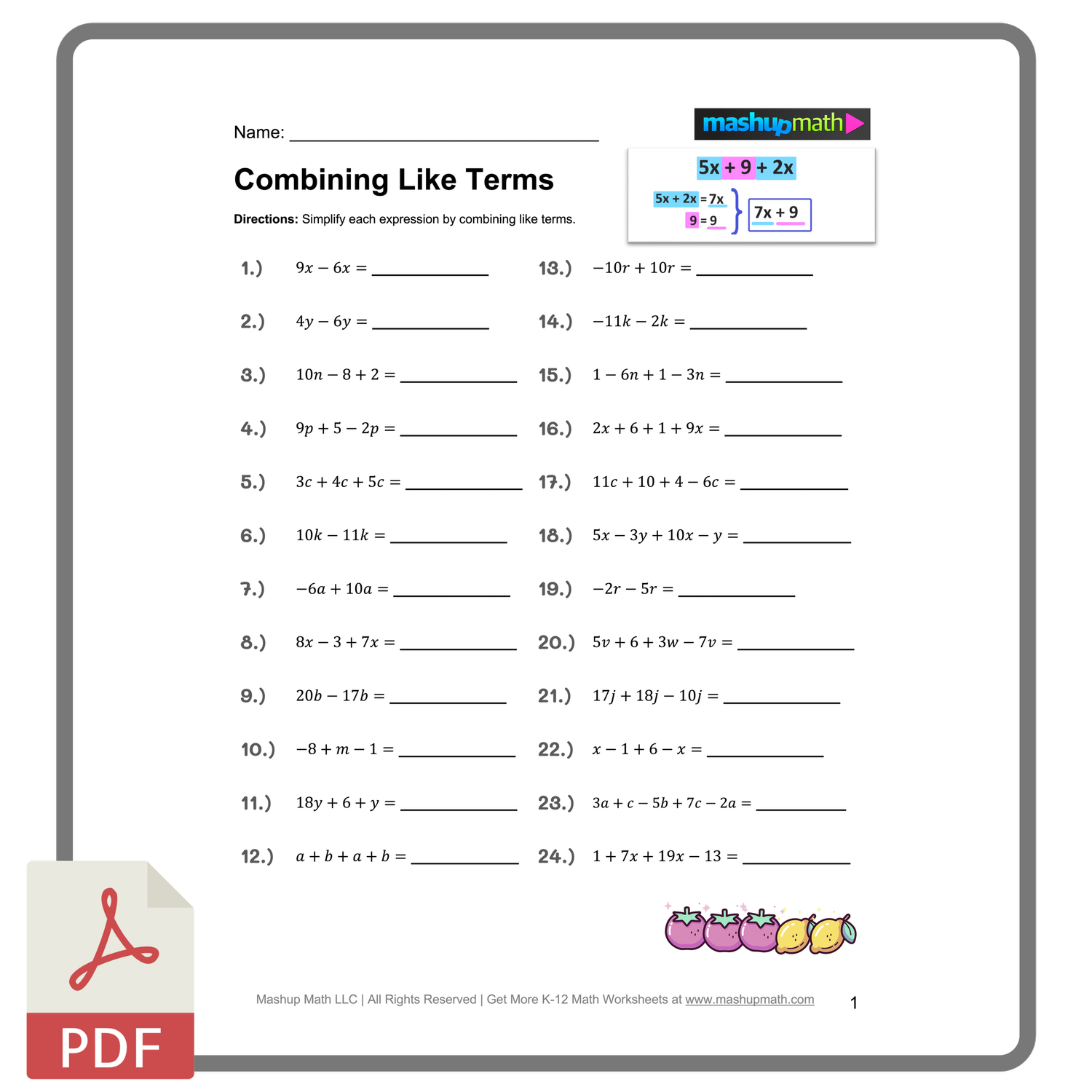 Combining Like Terms Worksheets—Printable with Answers — Mashup Math
