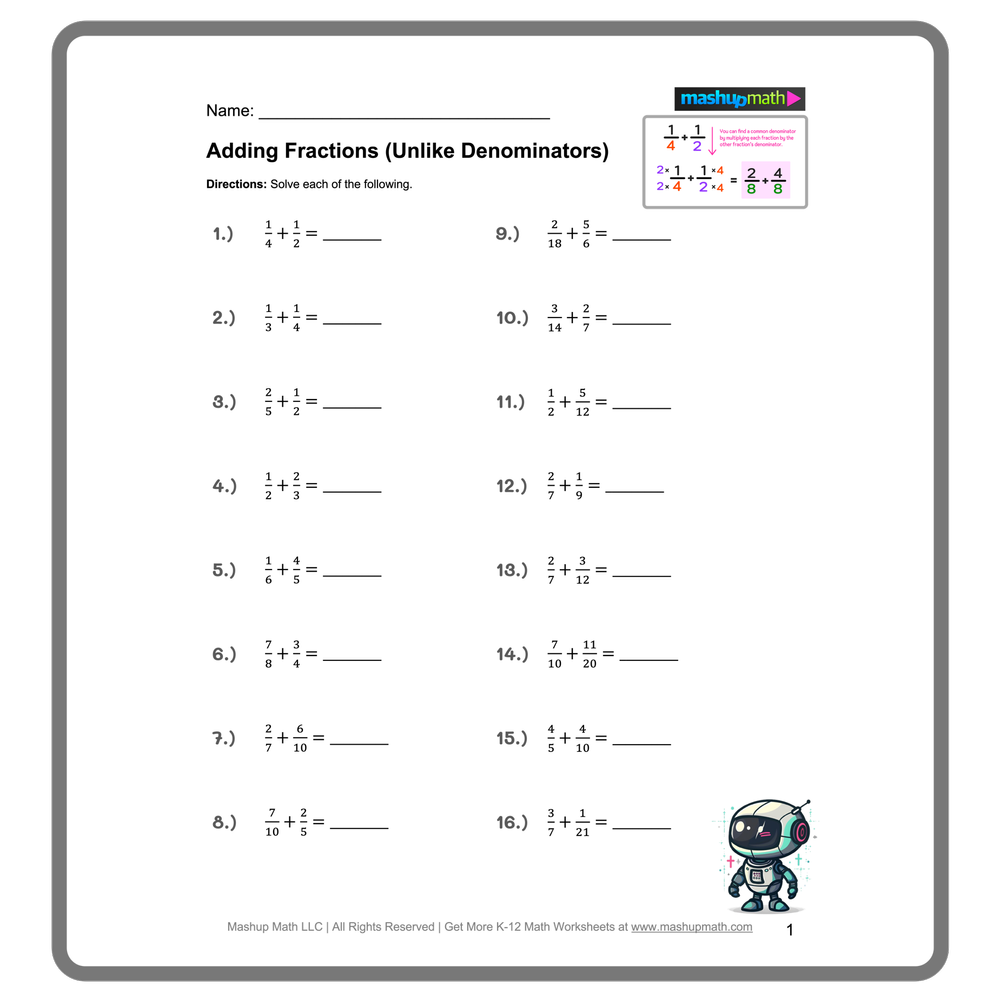 Free Adding and Subtracting Fractions Worksheets — Mashup Math