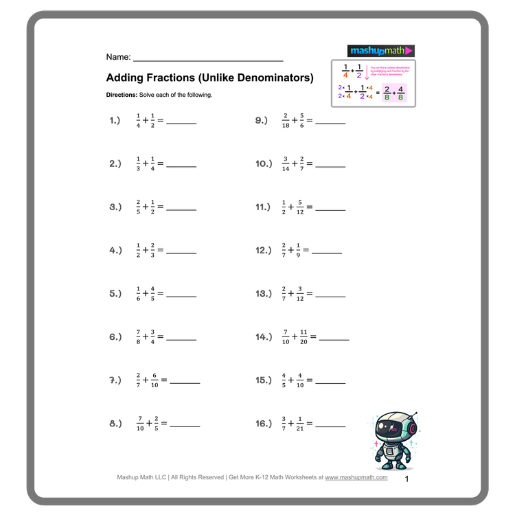 Free Adding and Subtracting Fractions Worksheets — Mashup Math