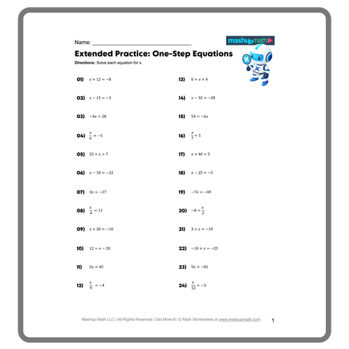 Free One Step Equations Worksheets — Mashup Math