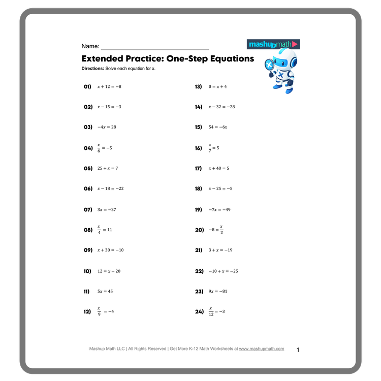 Free One Step Equations Worksheets — Mashup Math