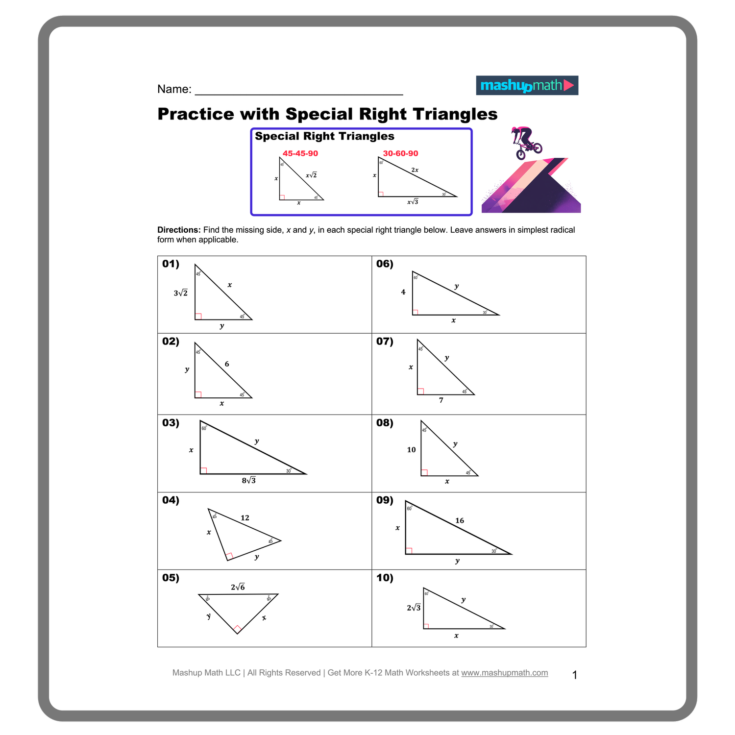 Special Right Triangles Worksheets—Printable — Mashup Math