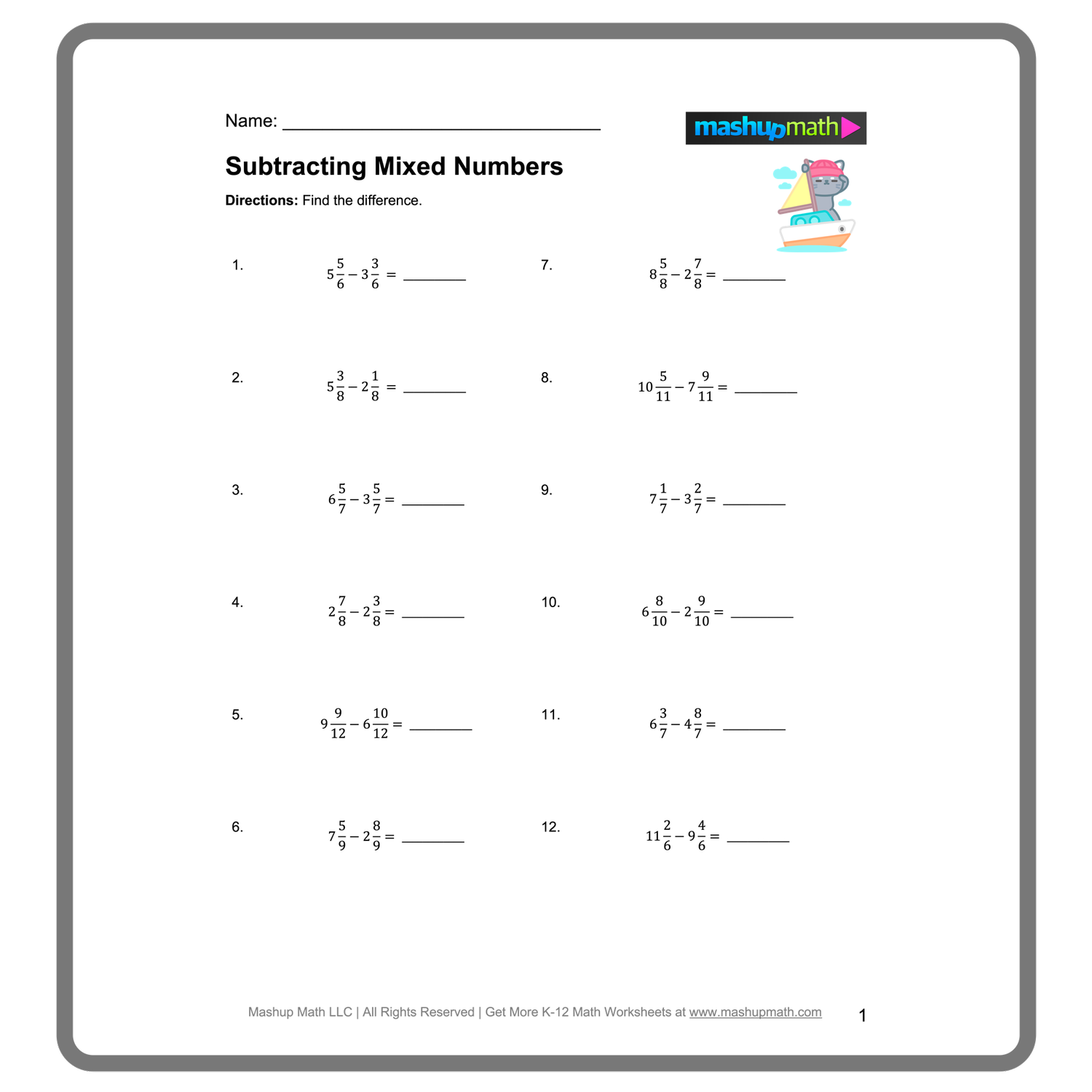 Free Adding and Subtracting Fractions Worksheets — Mashup Math