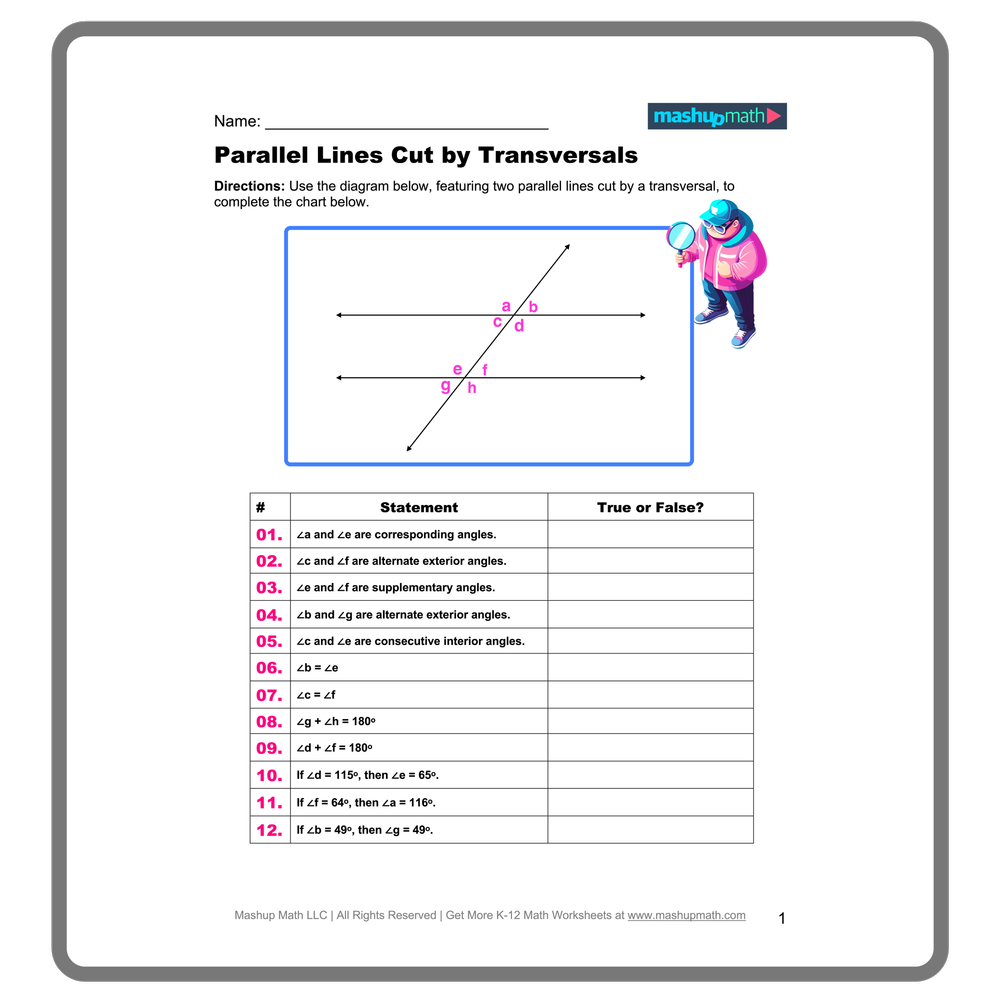Parallel Lines Cut by a Transversal Worksheets—Printable with Answers ...