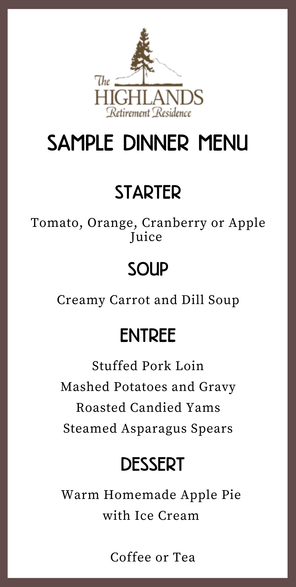 Retirement Dinner Menu Wording Weekly Specials