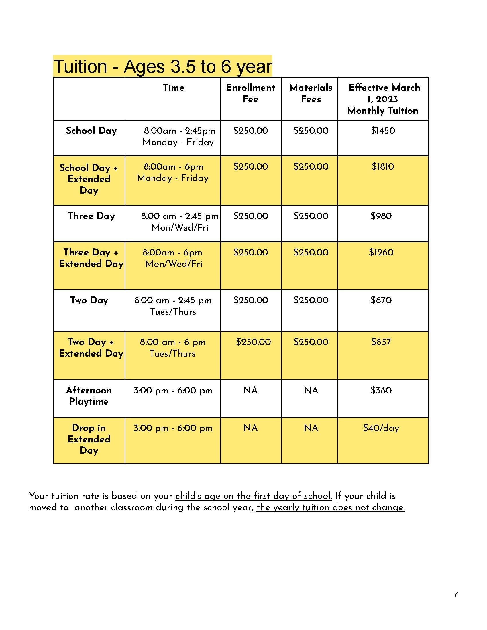 NES Tuition Fee Schedule — Northeast Stars Montessori