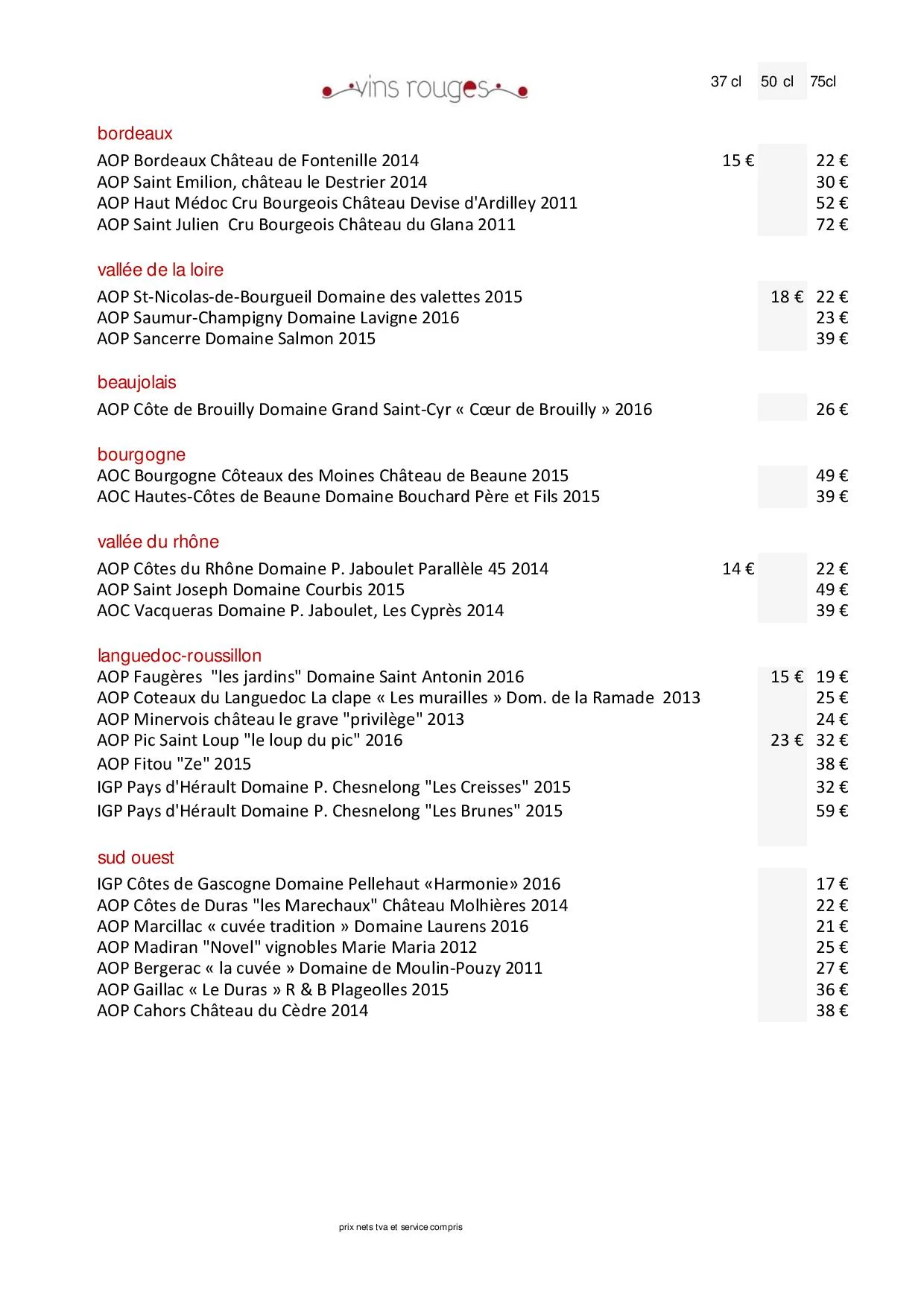 la carte des vins — L'échappee belle