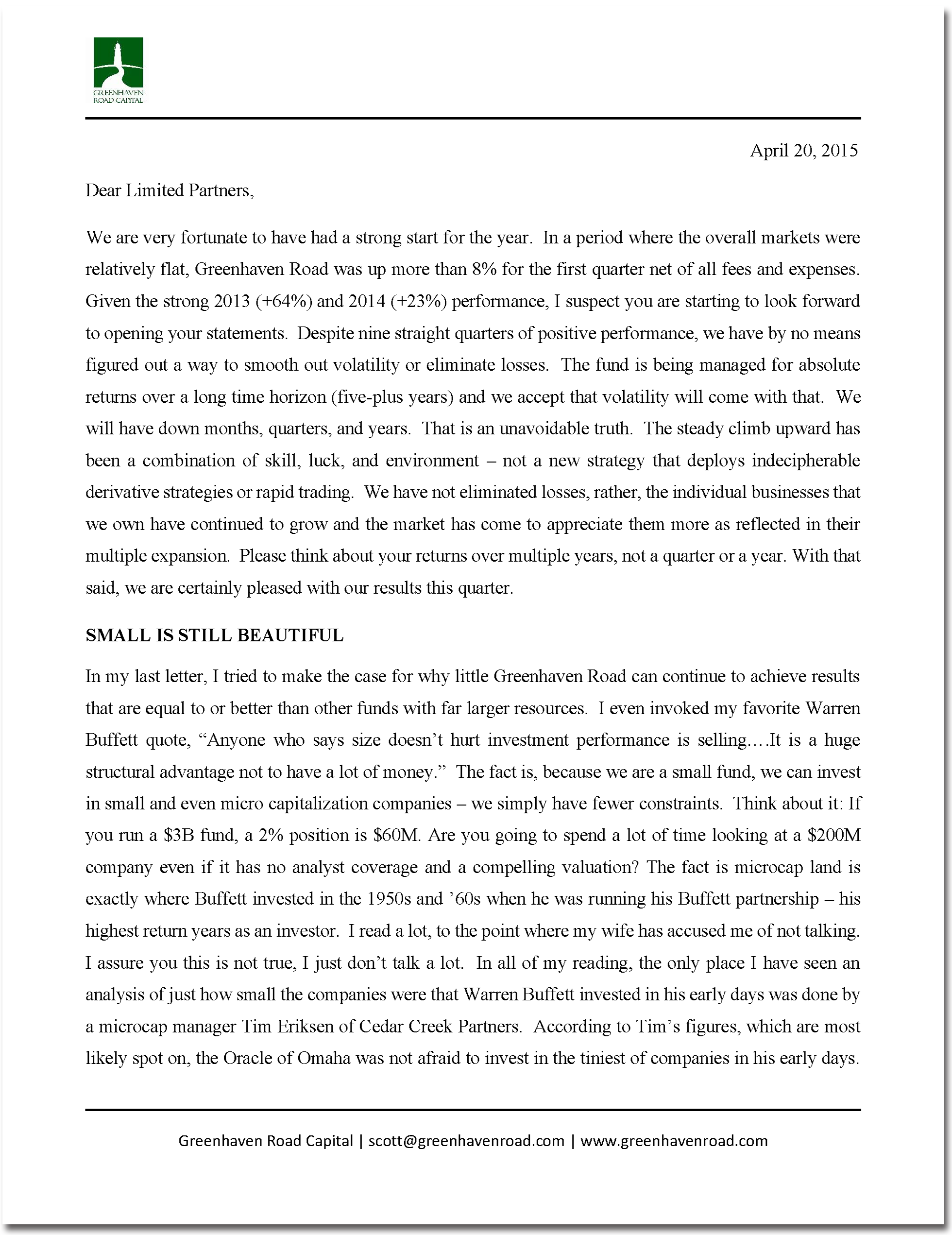 Investor Letters — Greenhaven Road Capital