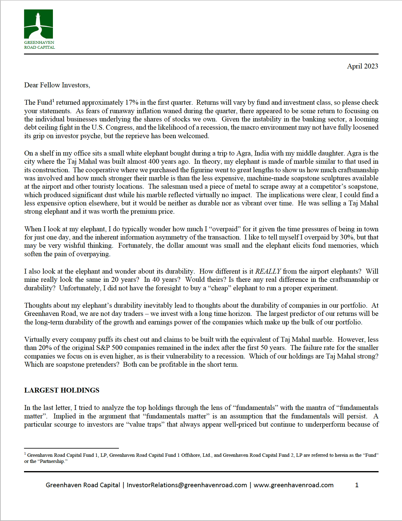 Investor Letters — Greenhaven Road Capital