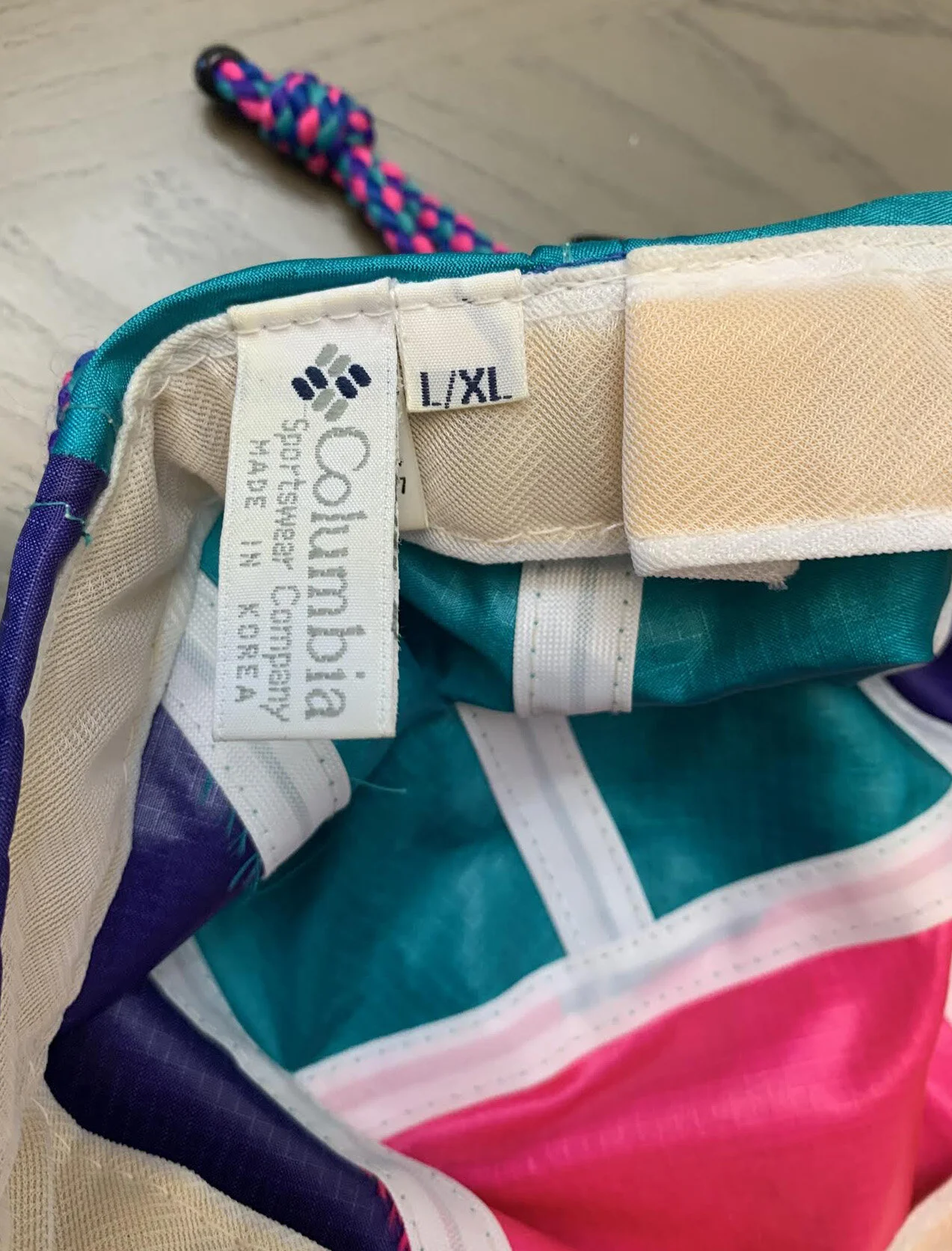 Vintage Columbia Colorful Purple / Turquoise / Pink Drawstring 5 Panel ...