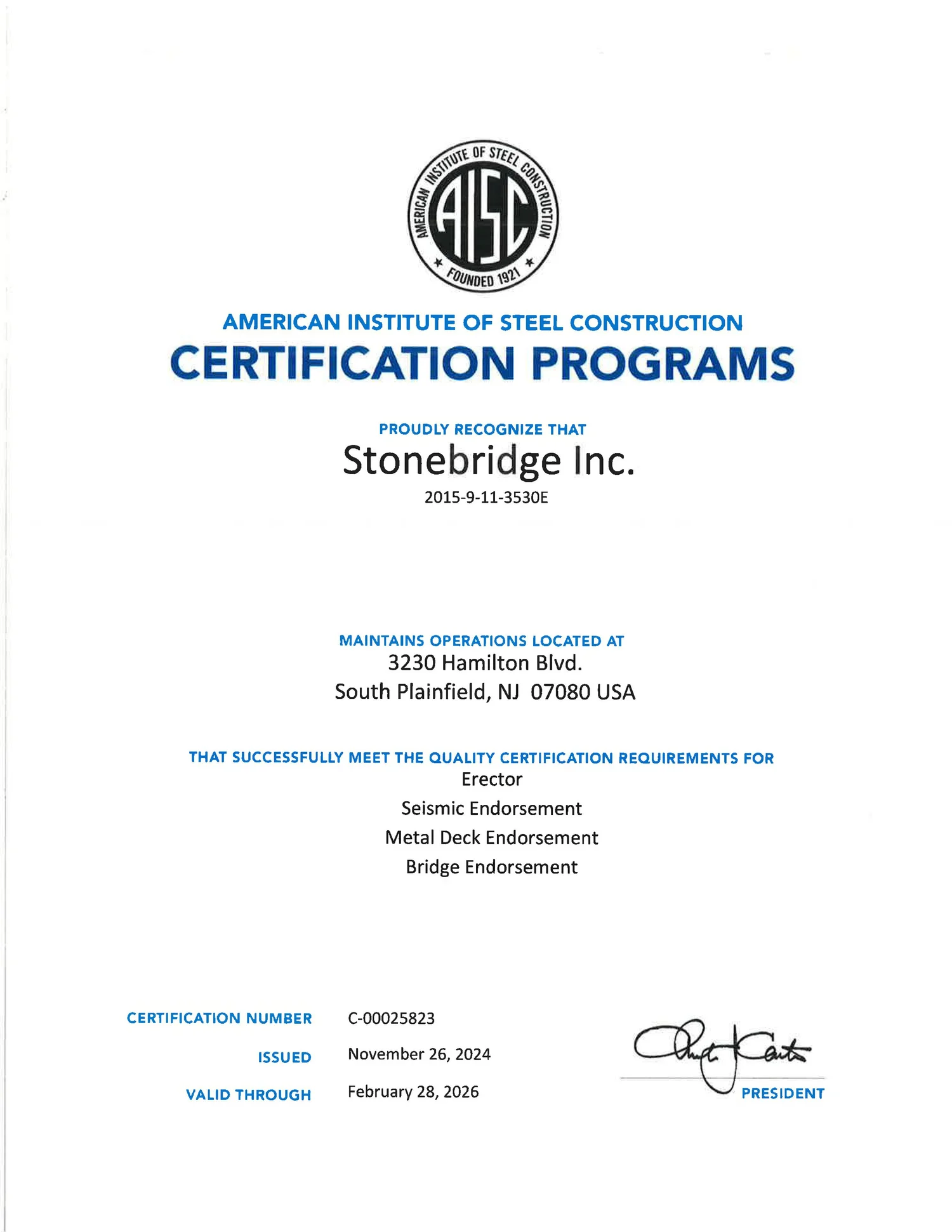 AISC Certified — Stonebridge, Inc.