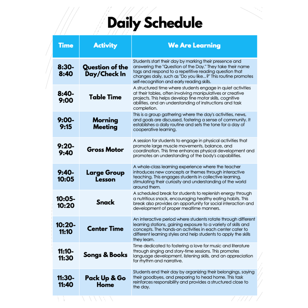 Sample Daily Schedule For Preschool