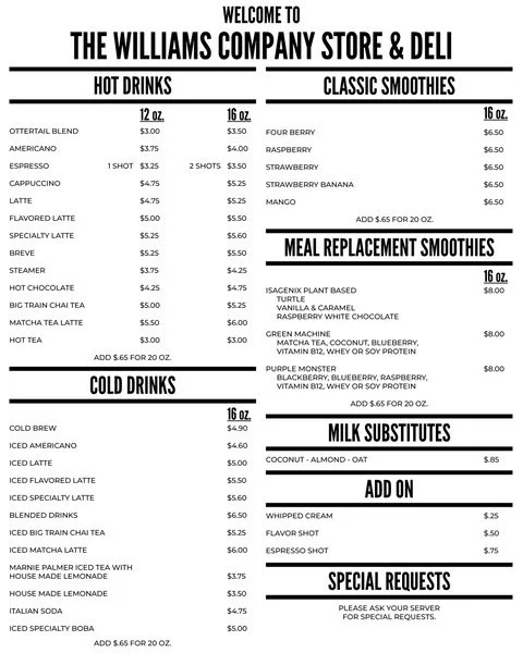 Deli Menu — The Williams Company Store & Deli