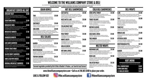 Deli Menu — The Williams Company Store & Deli