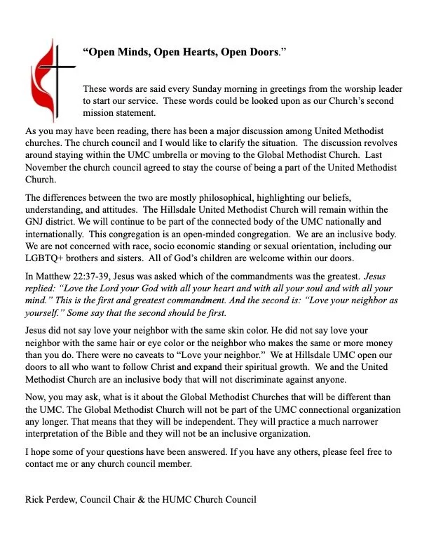 Letter to Congregation — WELCOME to the HILLSDALE UNITED METHODIST ...