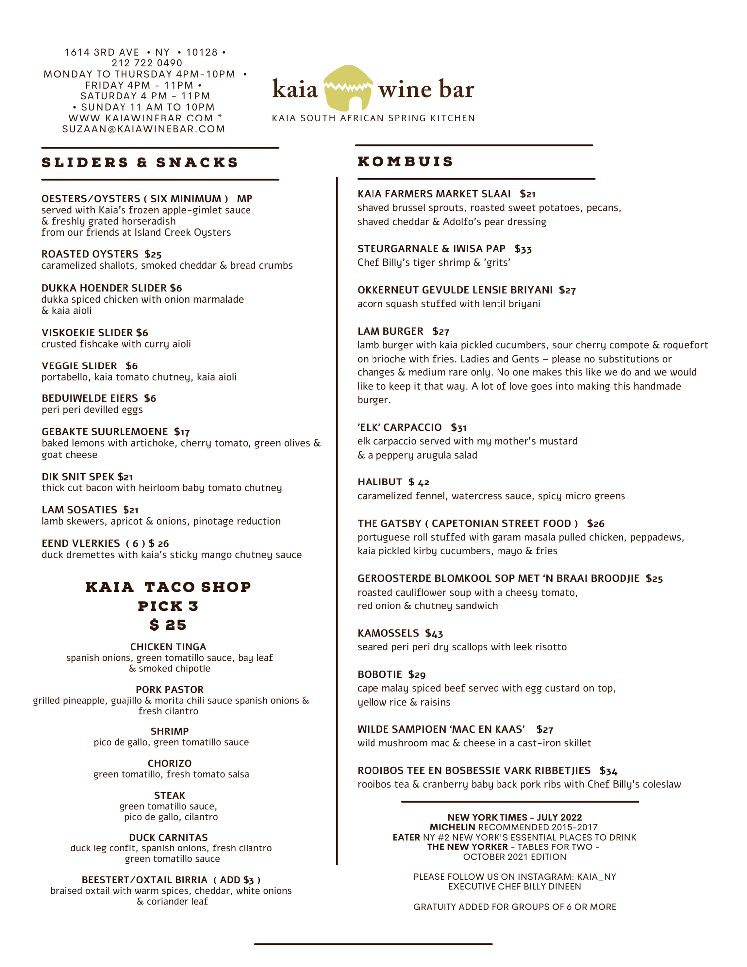 Kaia | South African Wine Bar & Restuarant