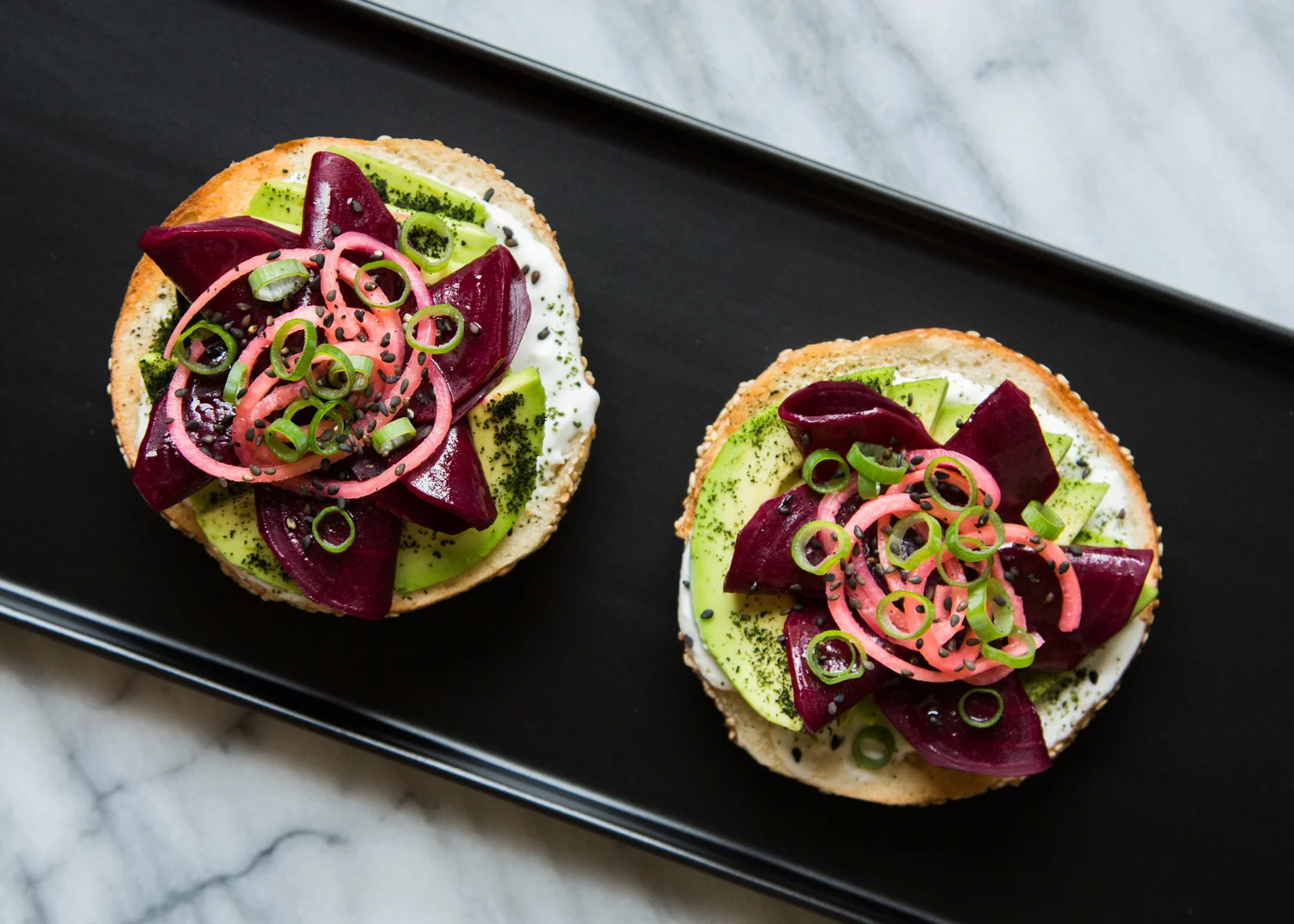 SMOKED BEET & AVOCADO BAGEL — THE SATED VEGAN