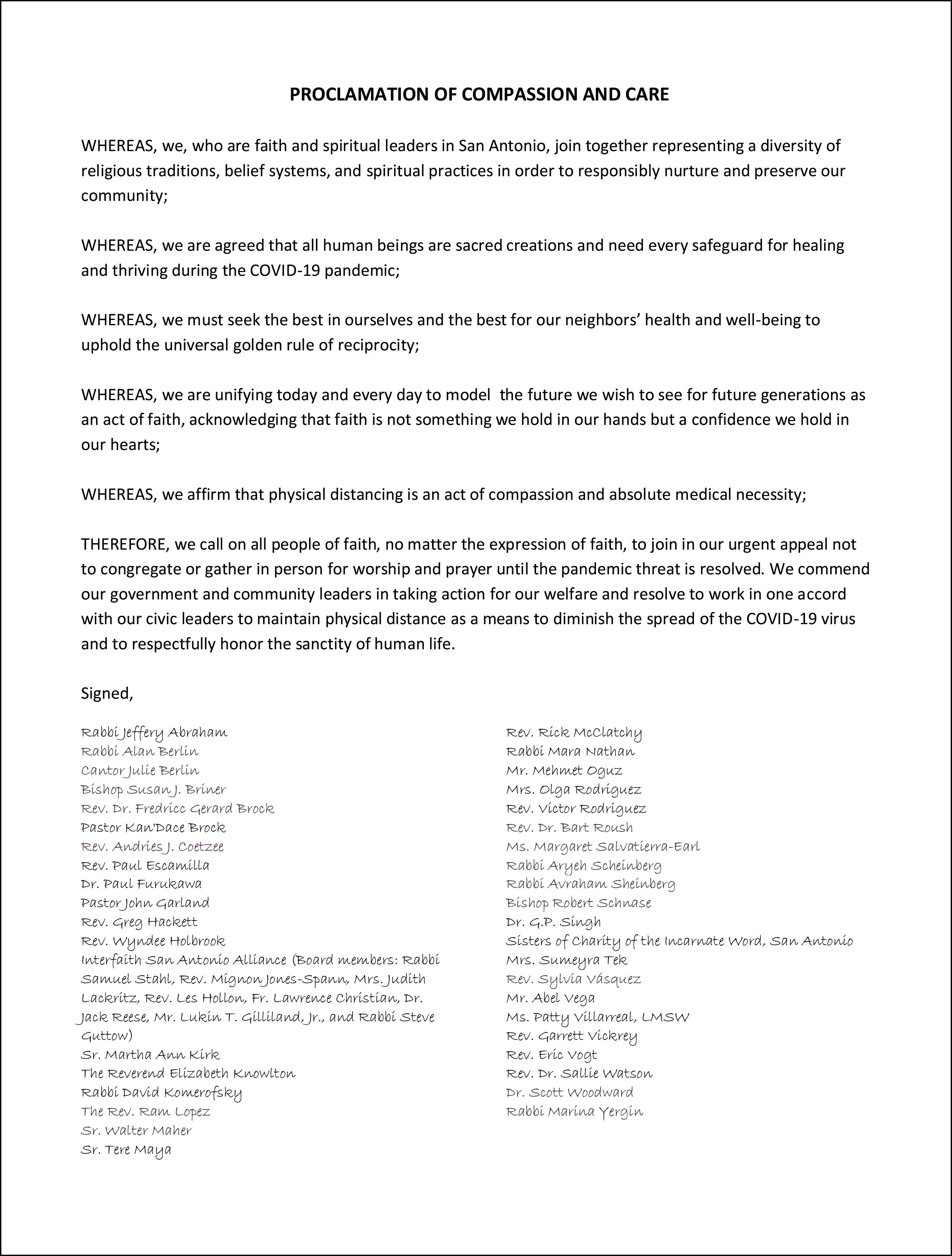 Proclamation Of Compassion and Care - Signed by faith leaders in San ...