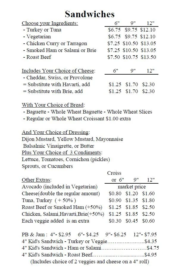 SANDWICH MENU — C'est Si Bon Bakery - Newport Beach