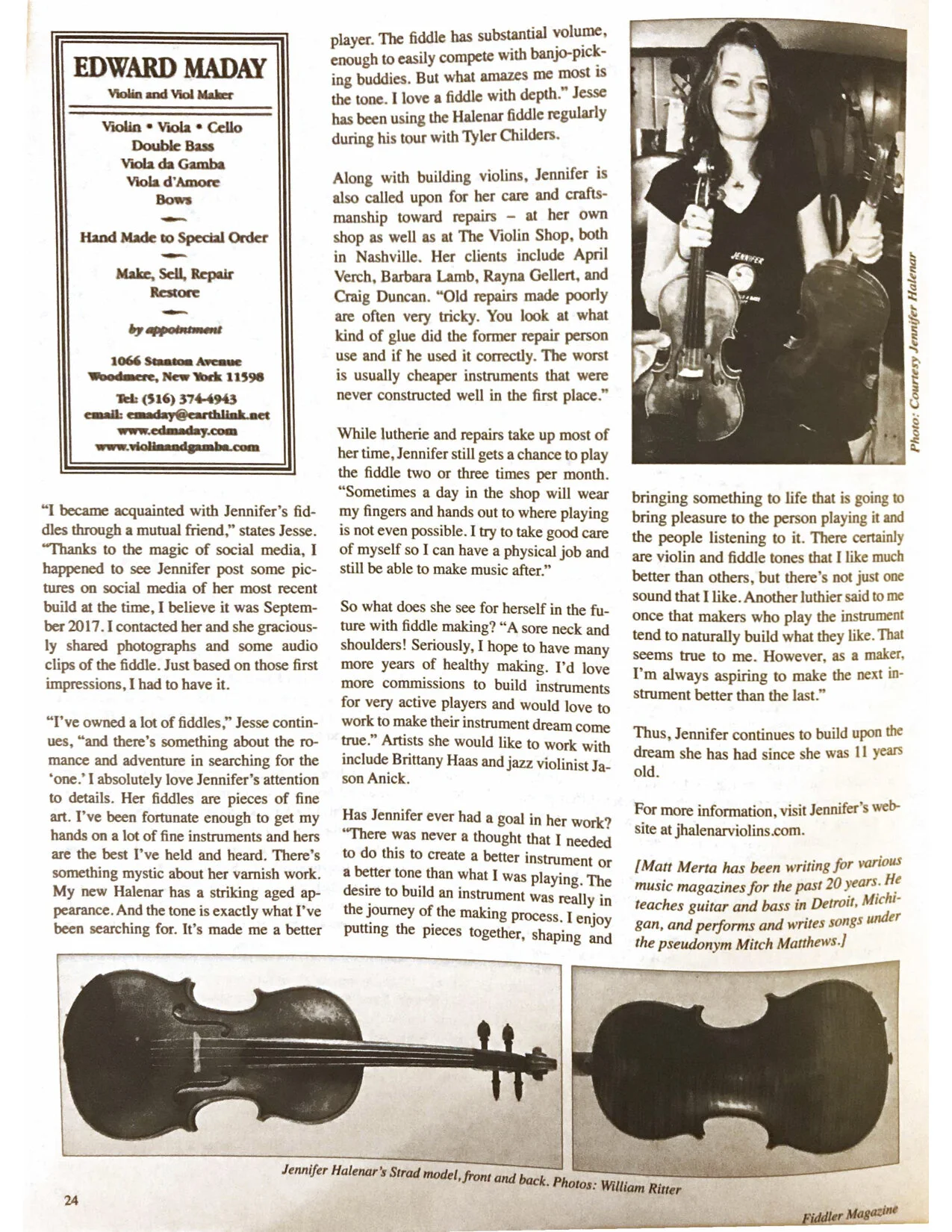Fiddler magazine 2018 article on J. Halenar violins — J. HALENAR VIOLINS