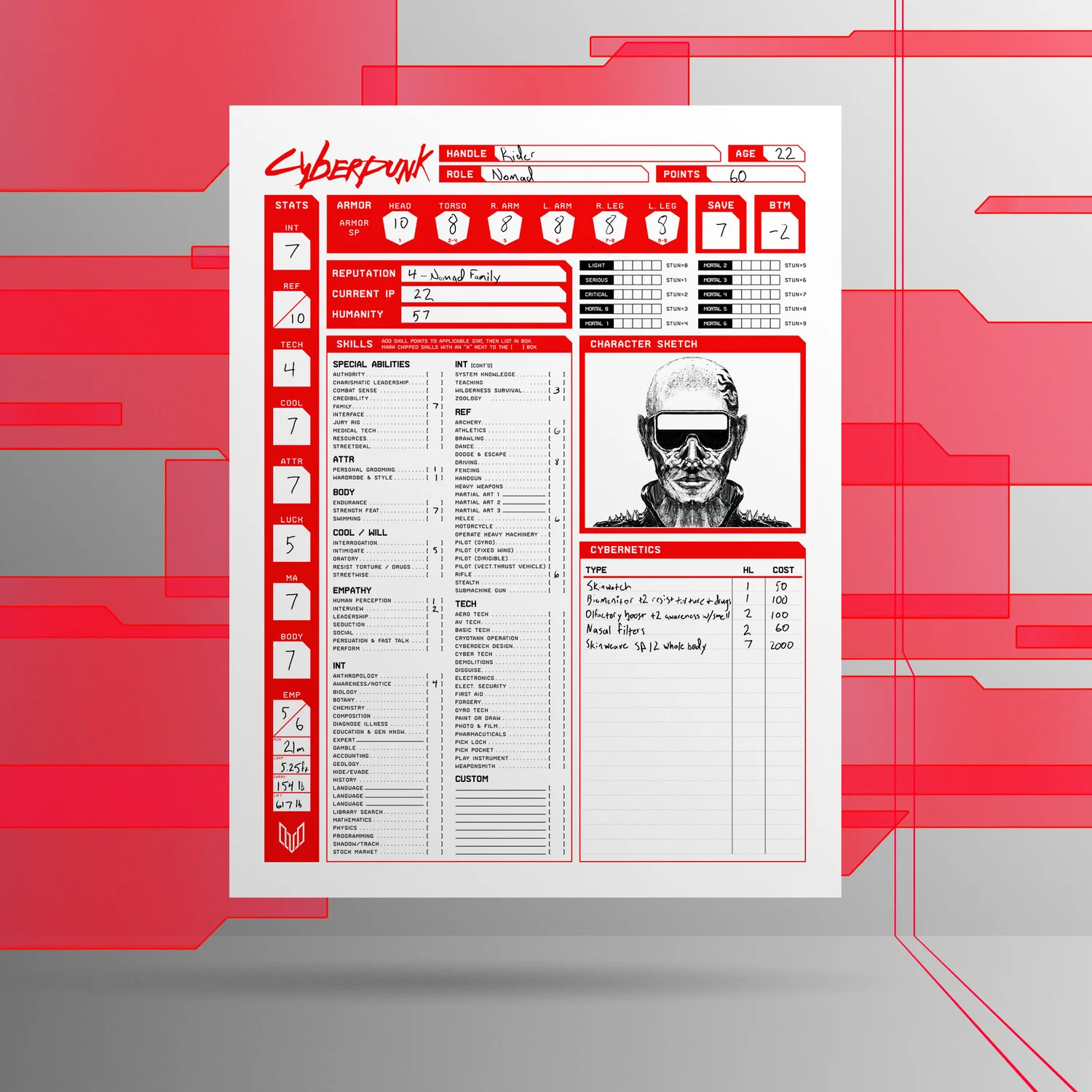 Cyberpunk Character Sheet — Valency Graphics