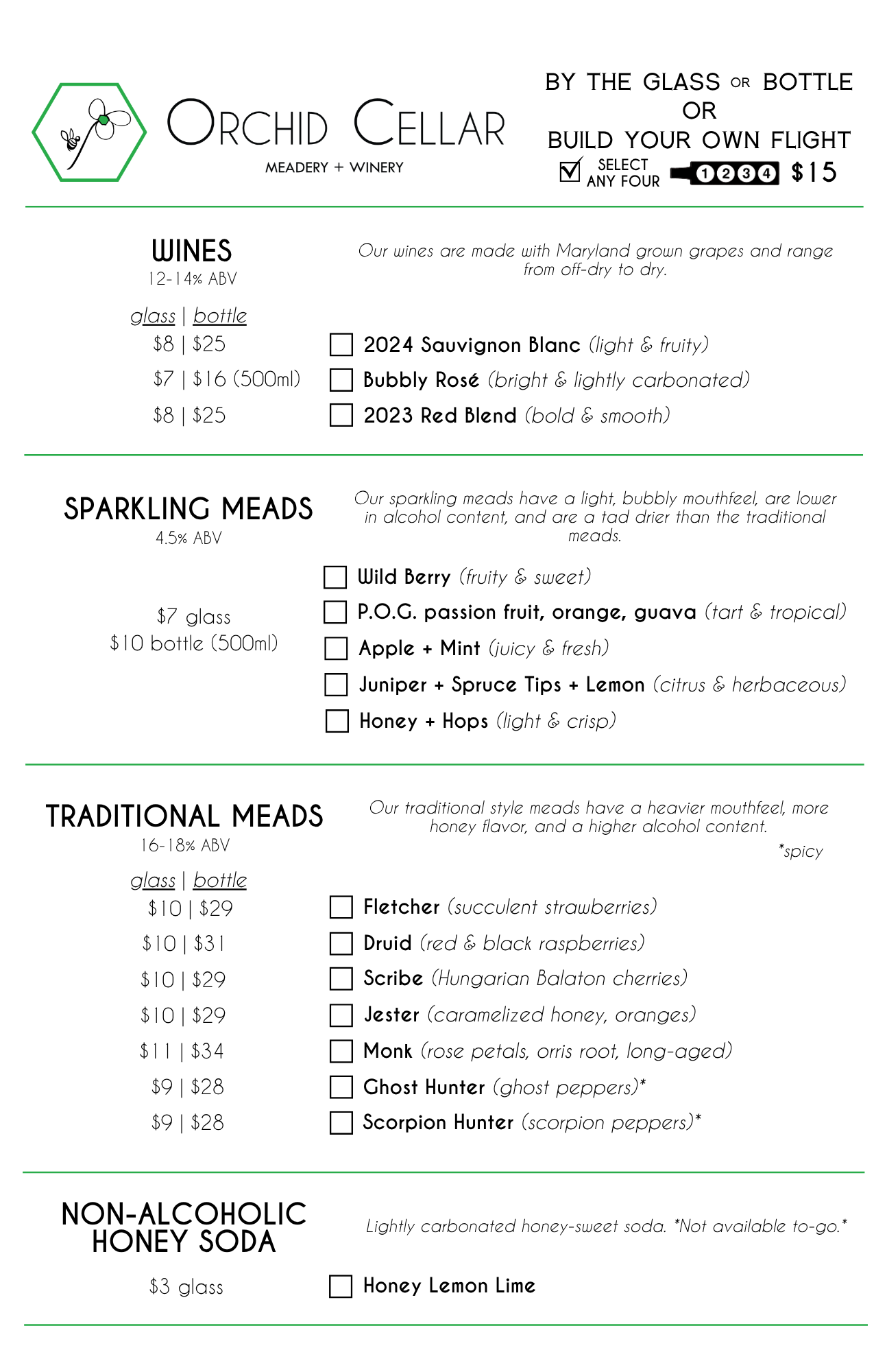 Tasting Room Menu — Orchid Cellar Meadery & Winery