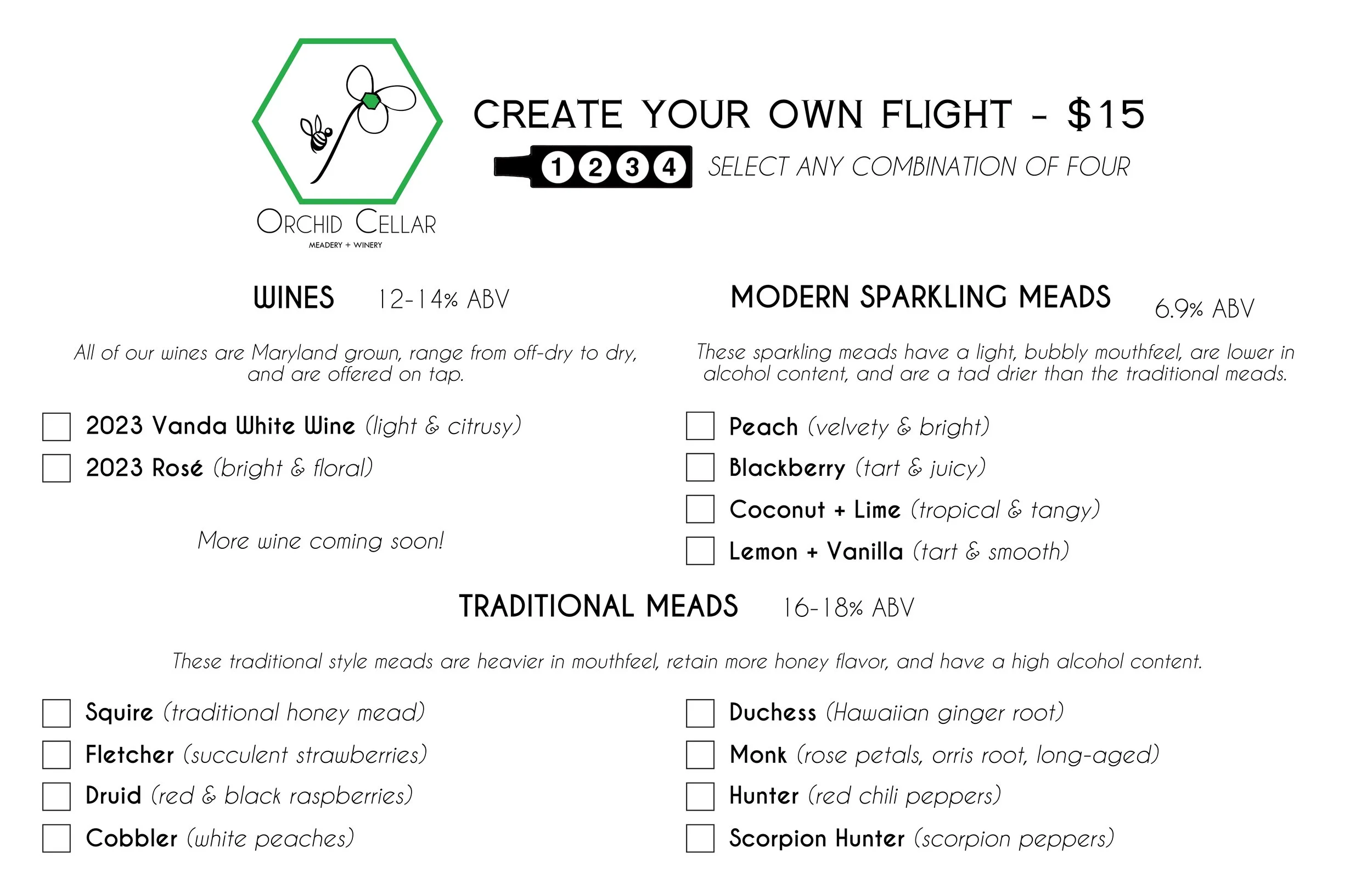 Tasting Room Menu — Orchid Cellar Meadery & Winery