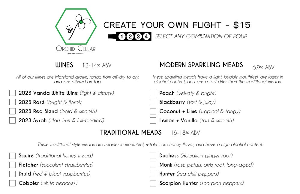Tasting Room Menu — Orchid Cellar Meadery & Winery