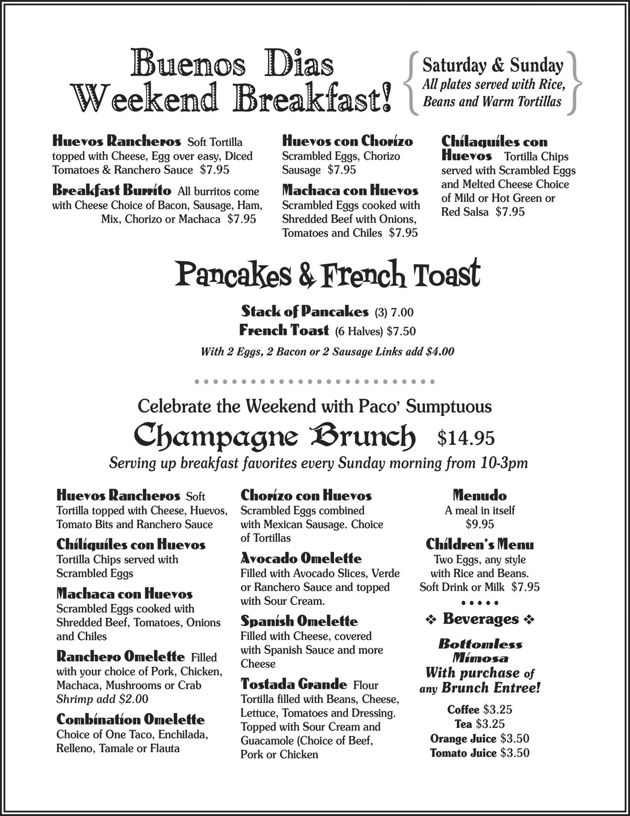 Spanish Restaurant Breakfast Menu