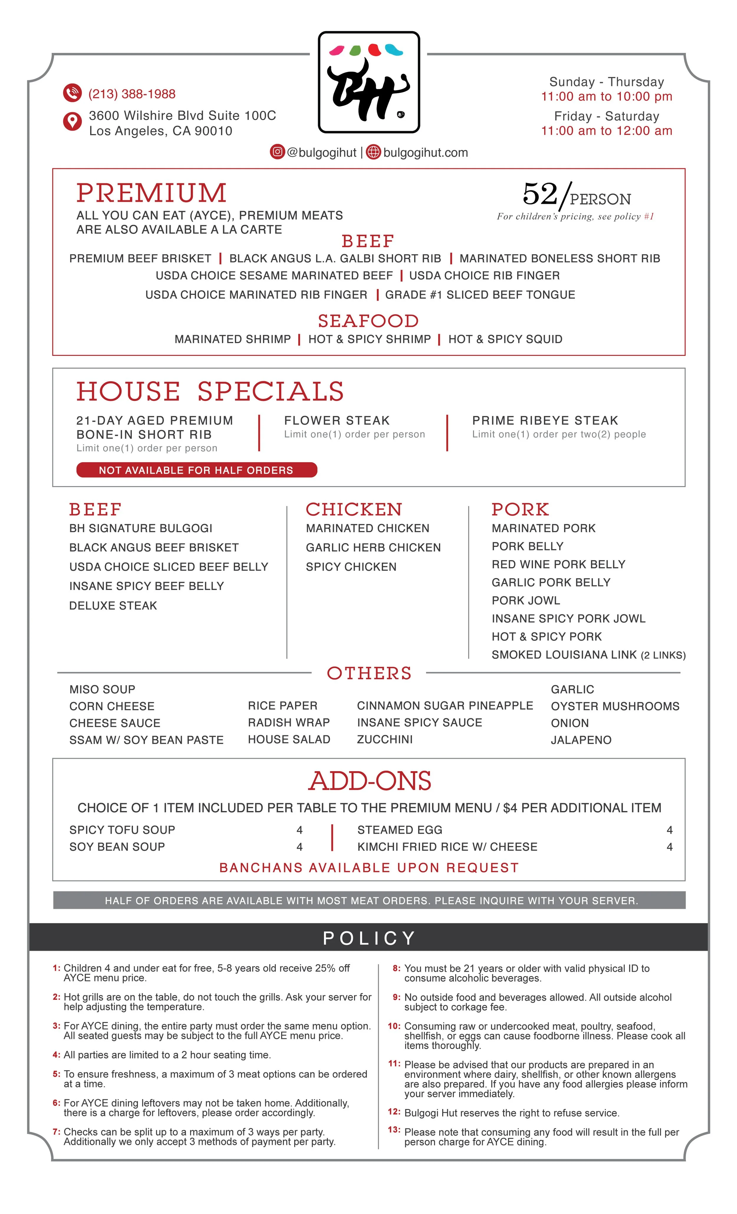 AYCE Menu Options — Bulgogi Hut