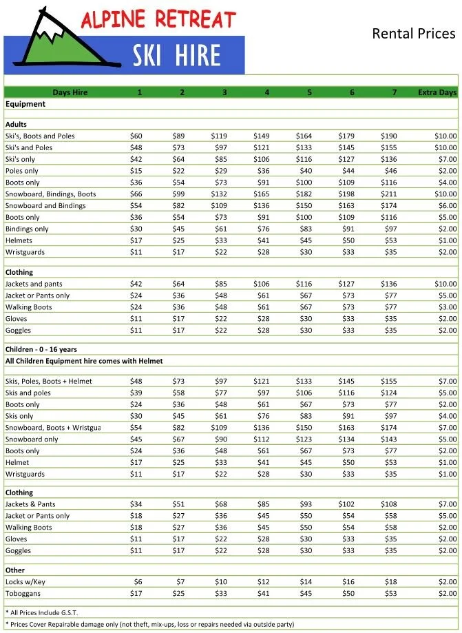 Alpine Retreat Ski Hire Price List