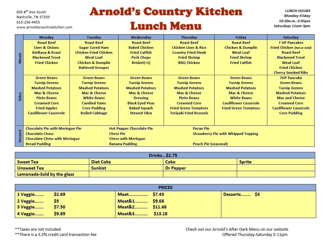 Lunch Menu and Prices — Arnold's Country Kitchen