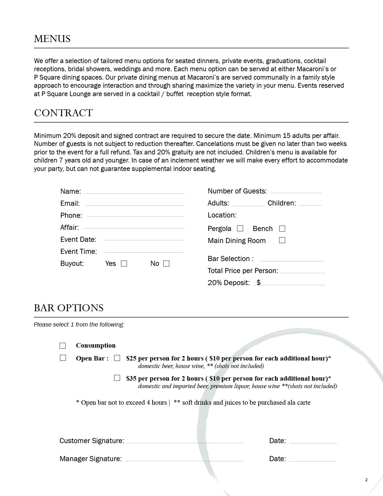 Private Party MENU — Macaroni's