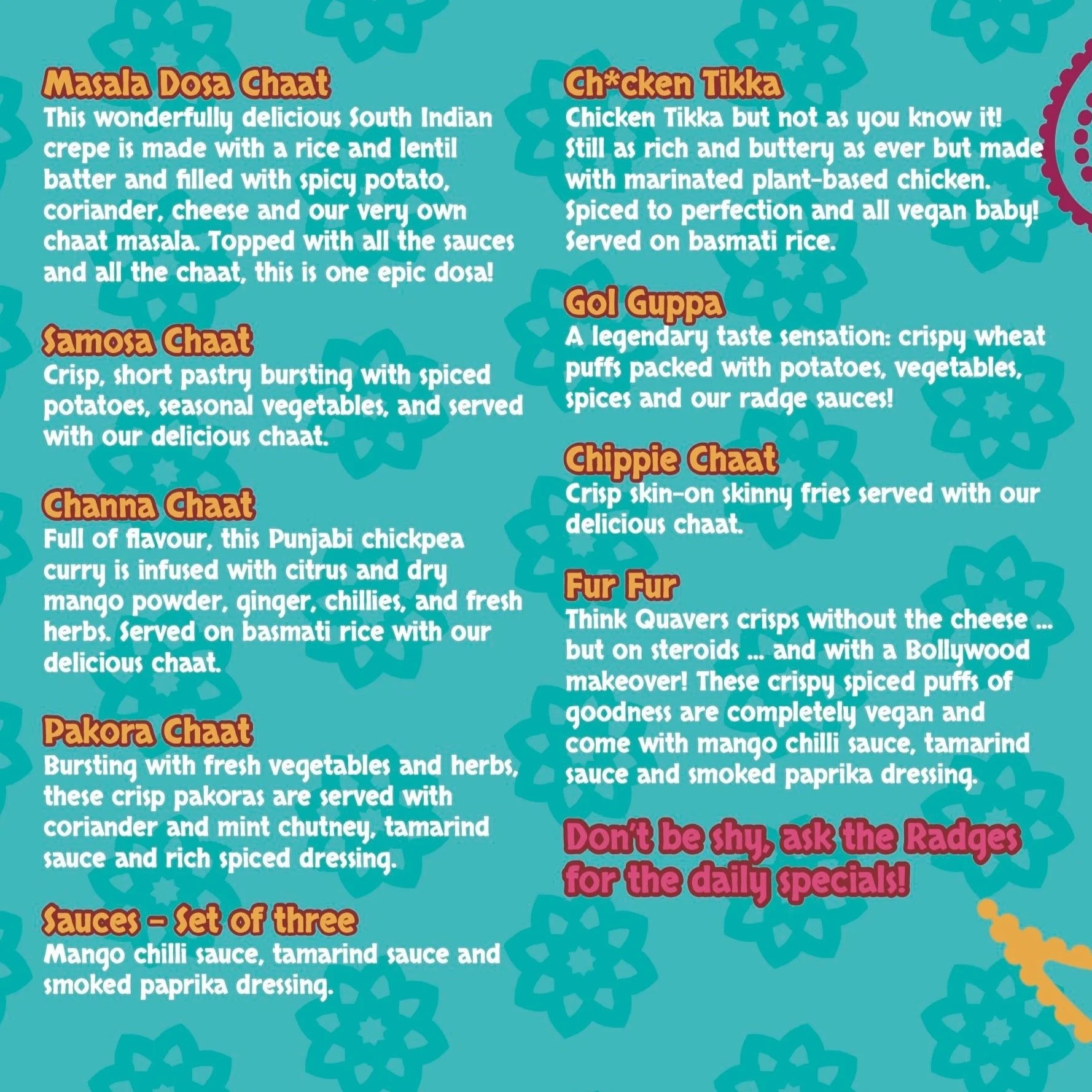 Radge Chaat Edinburgh Menu — Tony Singh