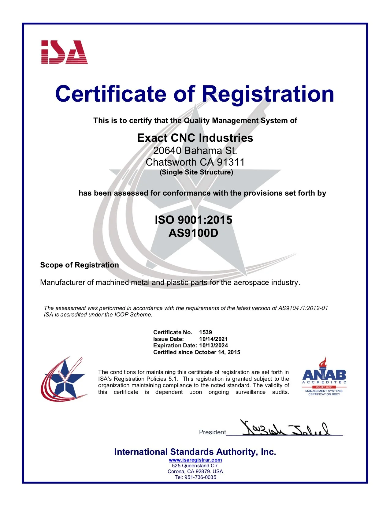 Certification — Exact CNC Industries