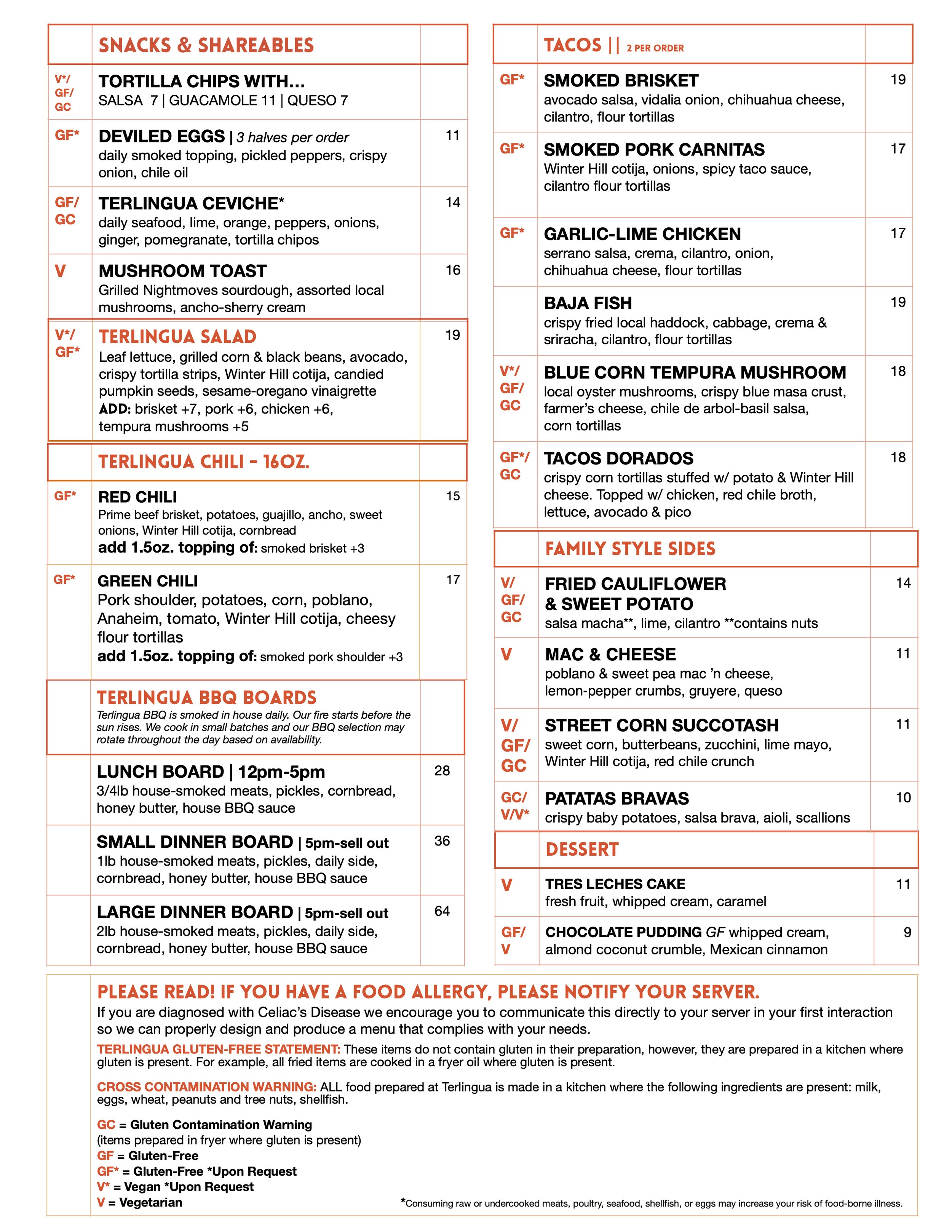 Menu — TERLINGUA RESTAURANT & MARKET